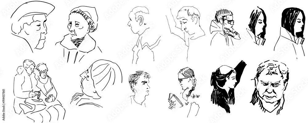 Set Clip art Line portraits sketch people different ege old young ...