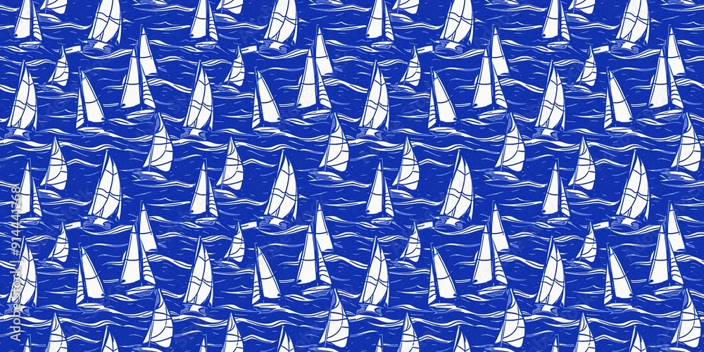 Coastal sail boat in azure ocean blue seamless border background ...