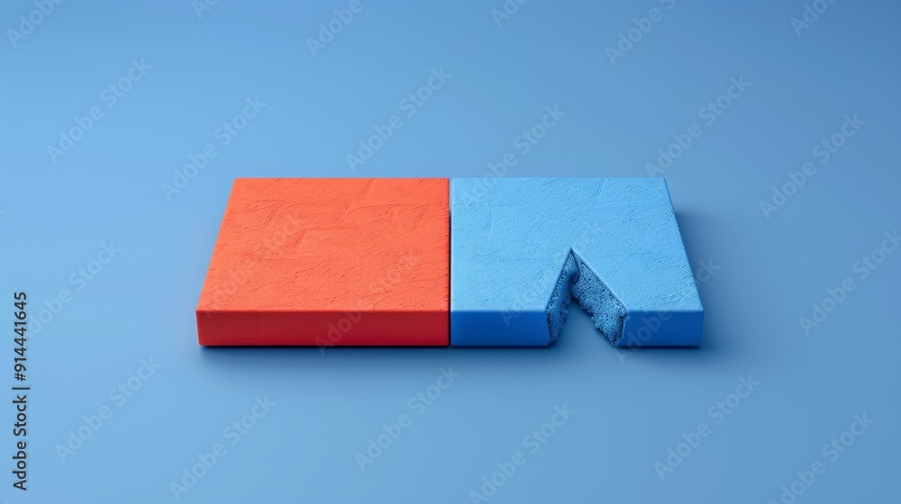 A red and blue geometric shape, split into two sections, on a blue ...