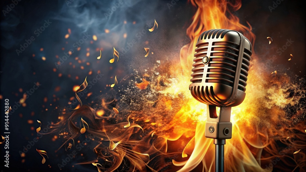 Vintage microphone engulfed in flames with music notes floating around ...