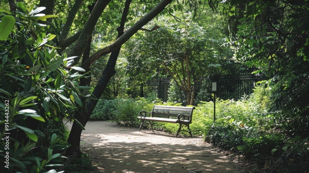 A secluded corner in a city park designed as a quiet zone, showing a ...