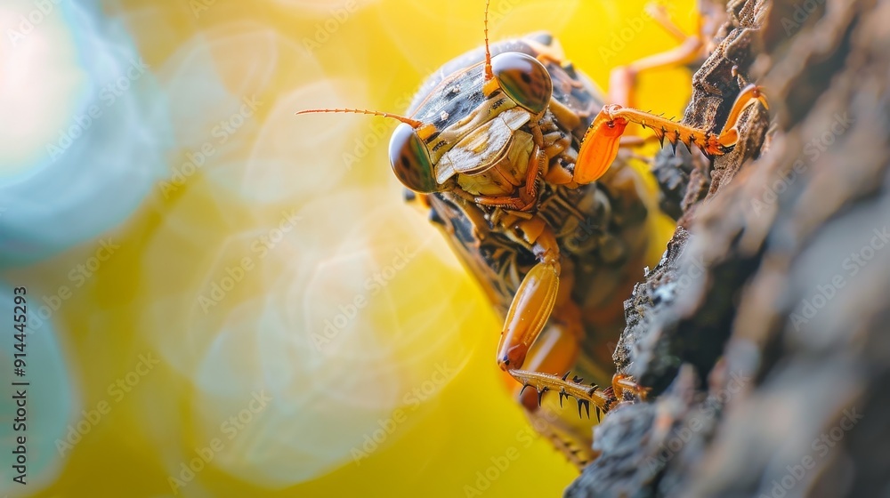 A vibrant mantis with intricate patterns on its body is captured in a ...