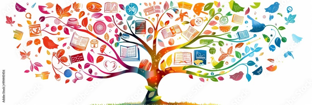 A vibrant tree with colorful branches adorned with symbols of knowledge ...