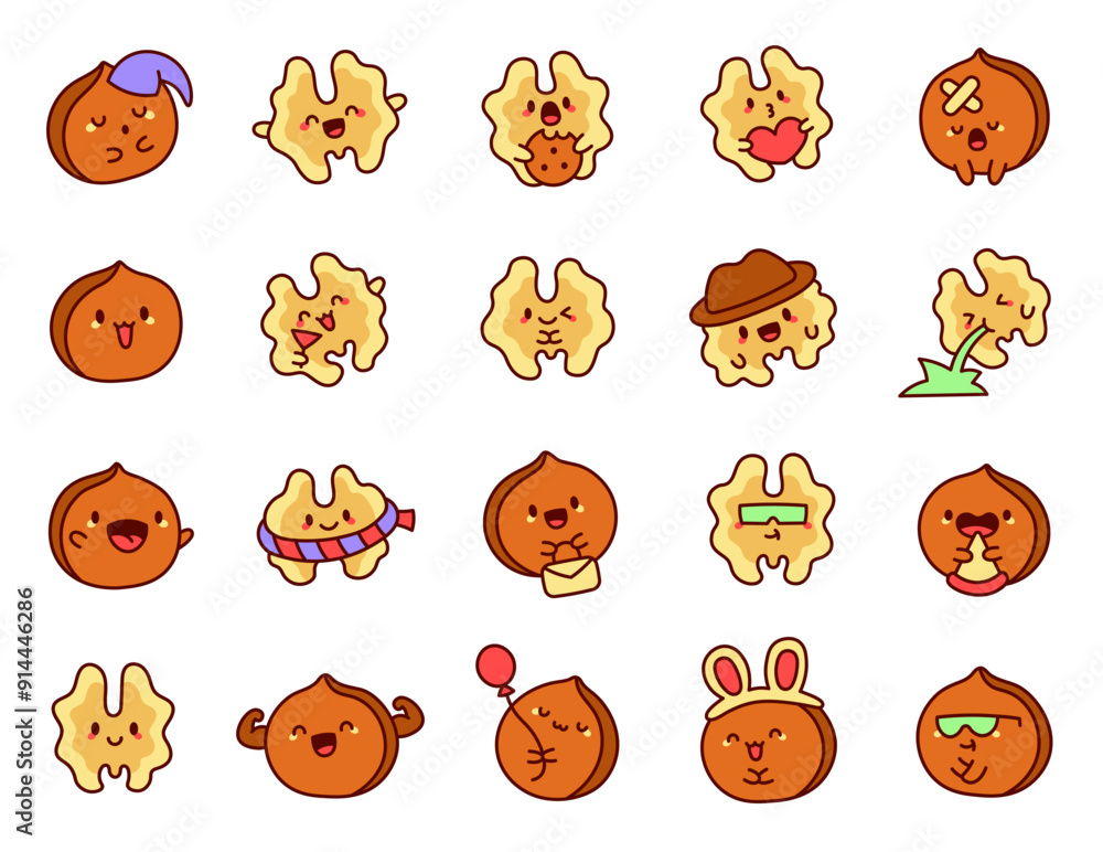 Cute kawaii walnut with funny face. Adorable cartoon food character ...