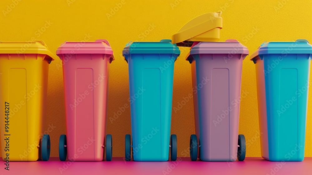 Five colorful wheelie bins in a row against a yellow background. One ...