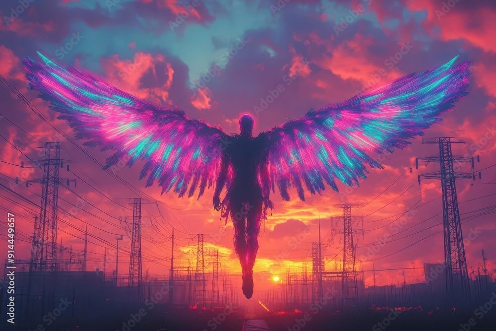 electric icarus figure with neon wings soaring between towering ...