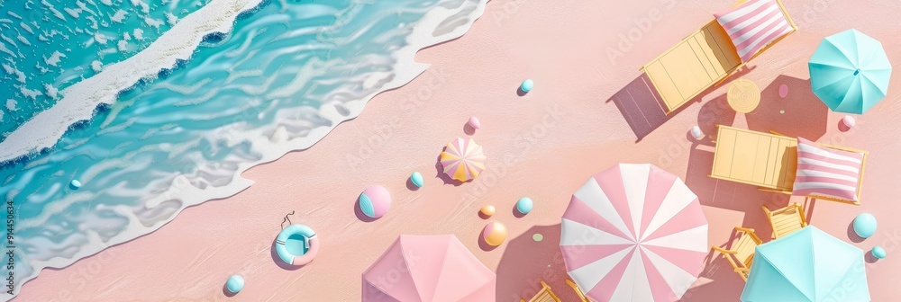 Top-down view of a beach scene with soft sand, blue water, beach chairs ...