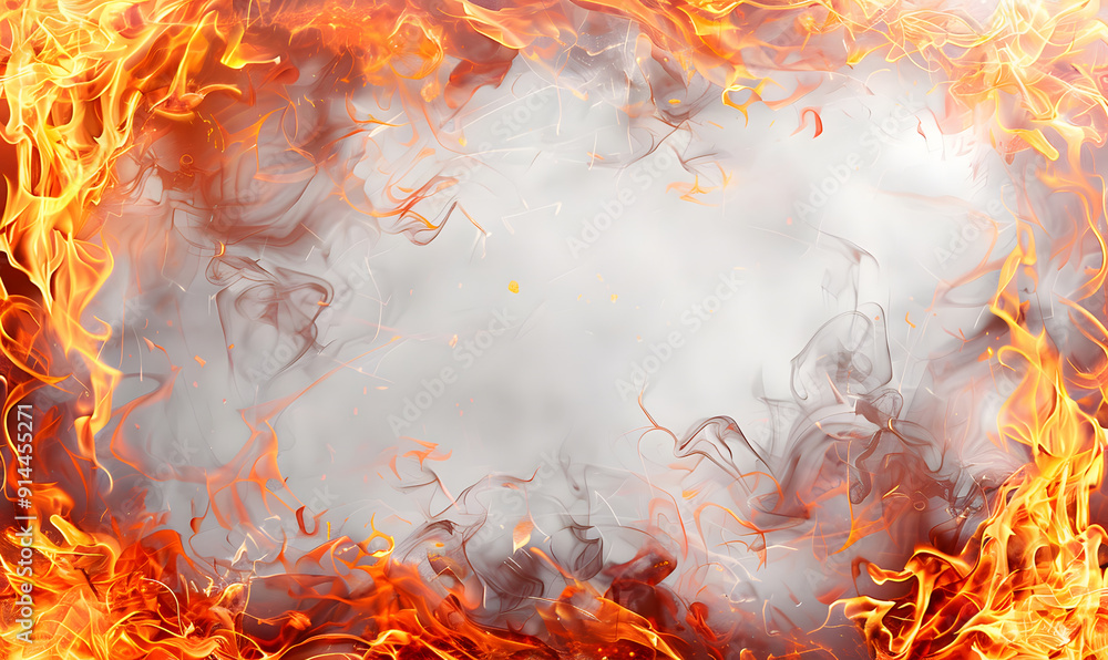 Dynamic, fiery frame composed of vibrant orange flames against a dark ...