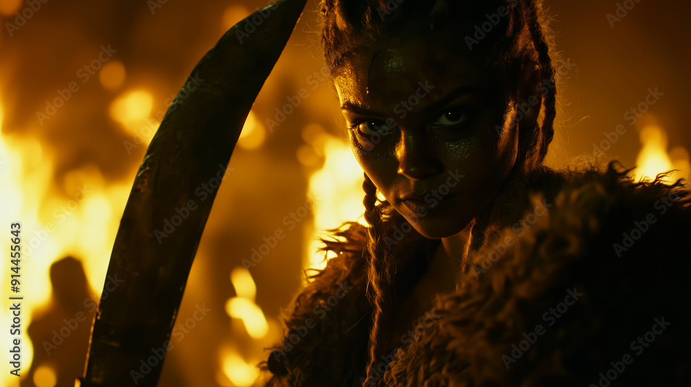 Viking Warrior with Blade, Fiercely Embracing the Fire of Ritual in an ...