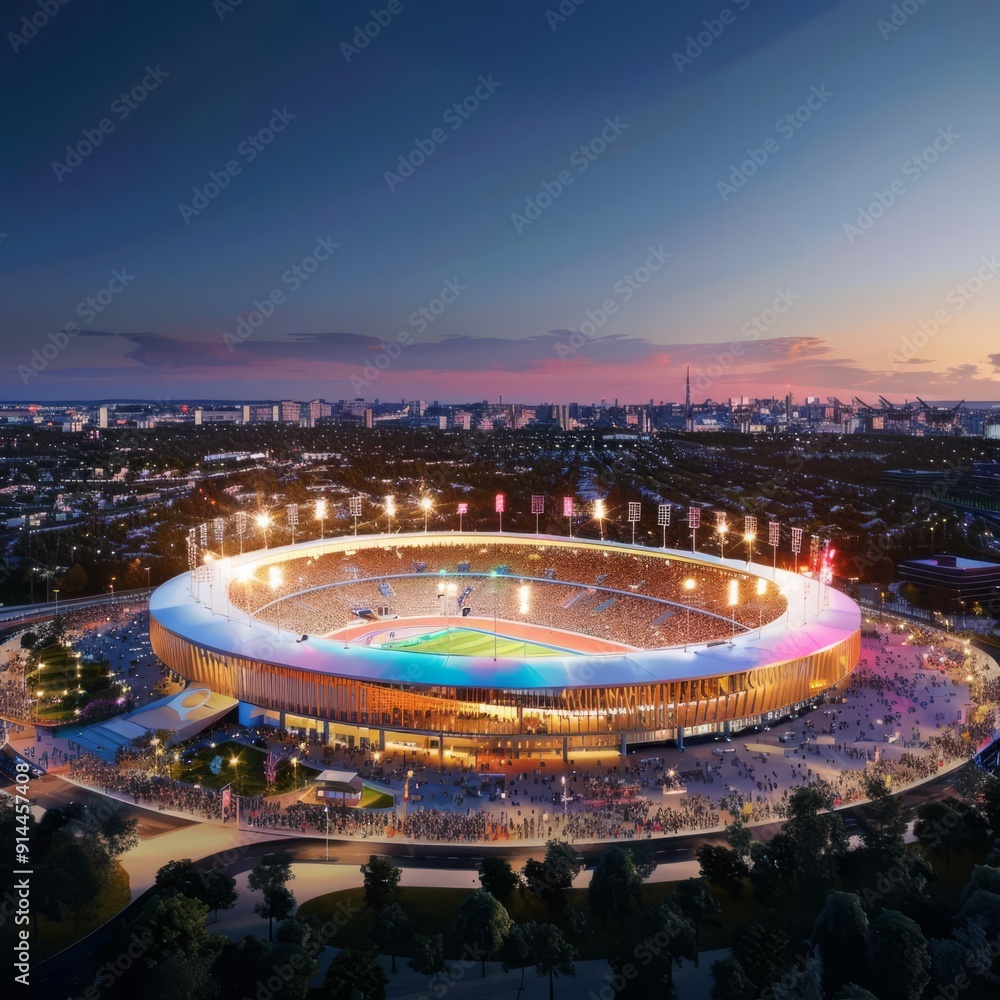 Top view of the main Olympic stadium with glowing lights and a bustling ...