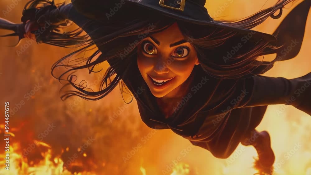 Halloween. The video shows an animated witch in mid-flight on her ...