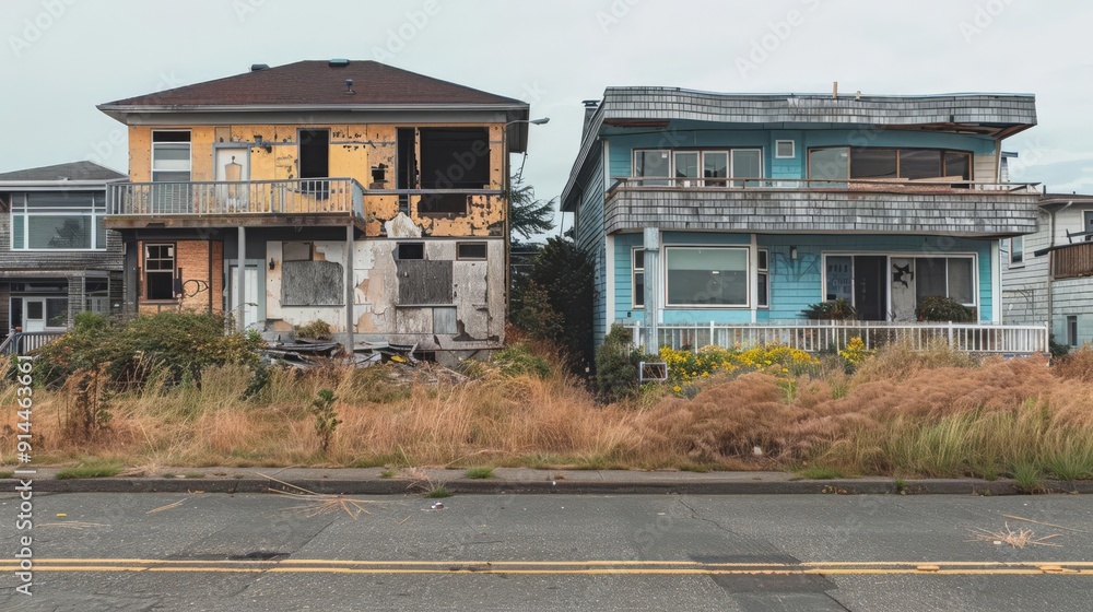 Two housing developments, one with modern homes and amenities, the ...