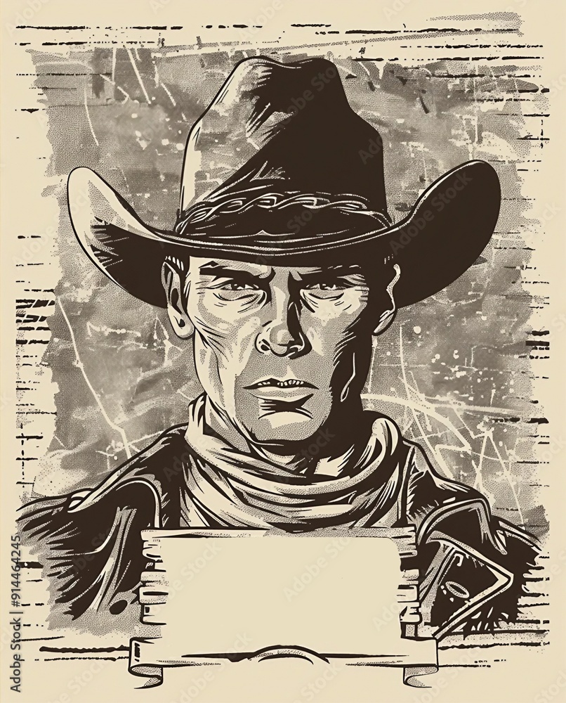A vintage-style illustration of a stern-faced cowboy pointing a ...