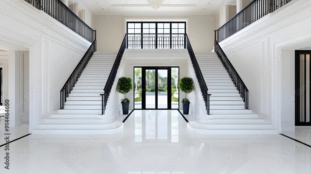 Elegant double staircase with white steps and black railings in a ...