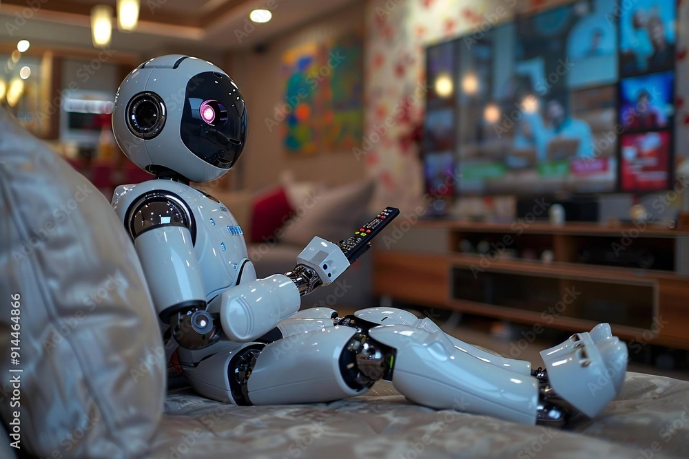 Humanoid Robot Sitting On Couch Using Remote Control While Watching ...