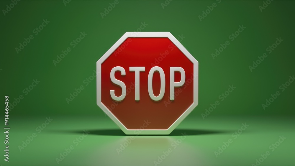 Realistic white emergency stop sign in front view with shadow on green ...