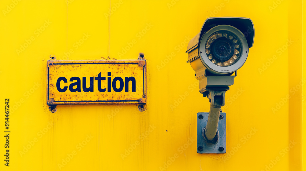 observation camera for video surveillance with warning sign "caution ...