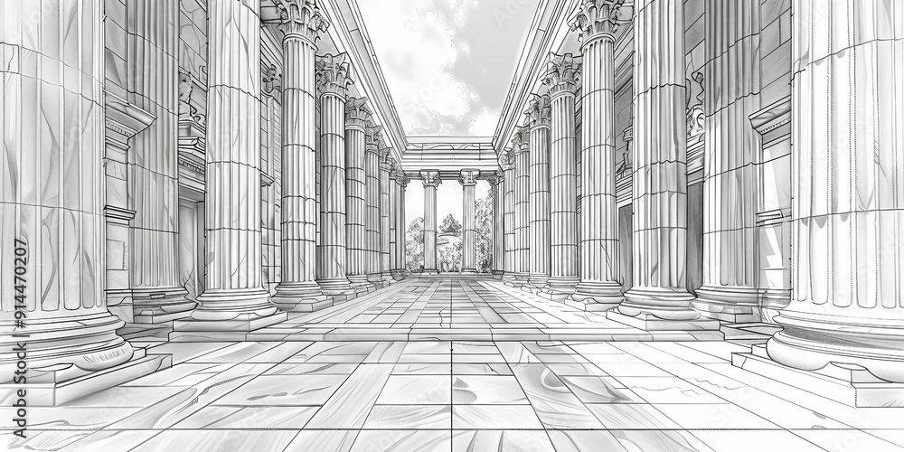 Detailed Black and White Sketch of a Law Court Building Exterior ...