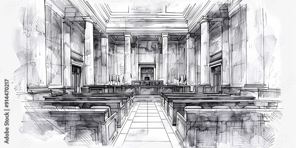 Detailed Black and White Sketch of a Law Court Building Exterior ...