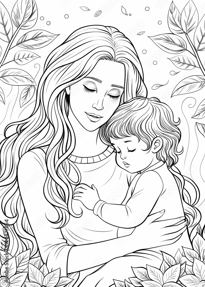 Mother and Child Coloring Page for Relaxation and Creativity Stock ...