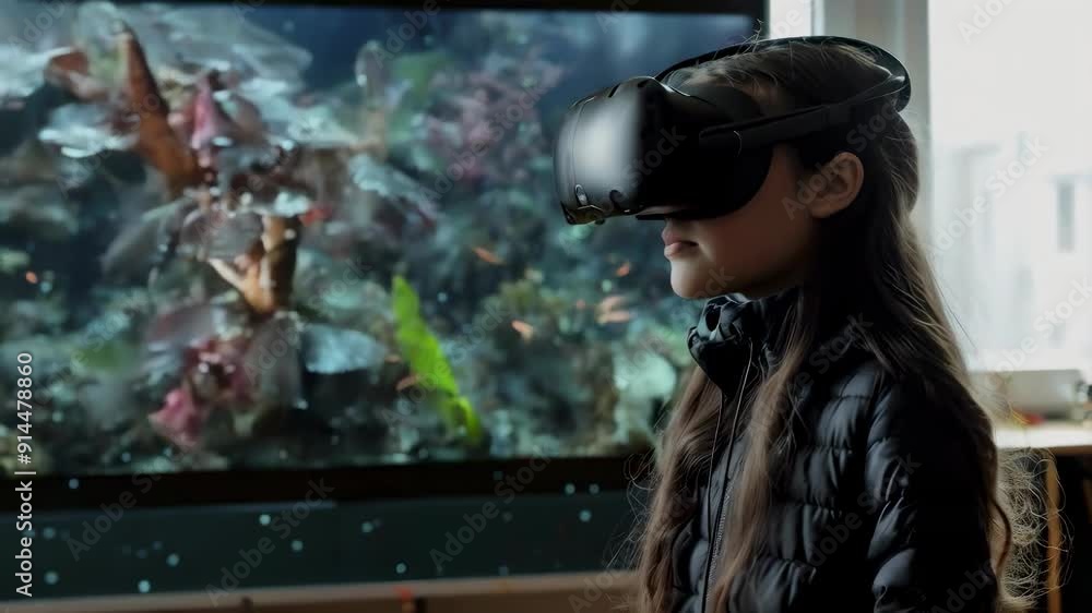 A young girl, possibly Asian, wearing a black jacket and VR headset ...
