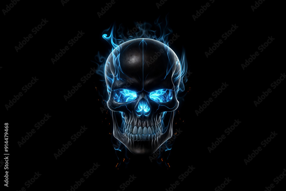 Mystical blue flaming skull, glowing ethereal human cranium with fiery ...