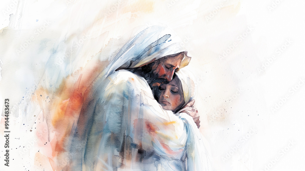 Watercolor painting Jesus comforting woman love compassion faith ...