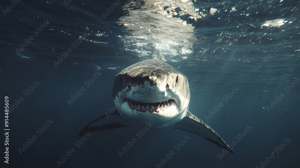 Front on shot of ominous looking Great White Shark swimming toward ...