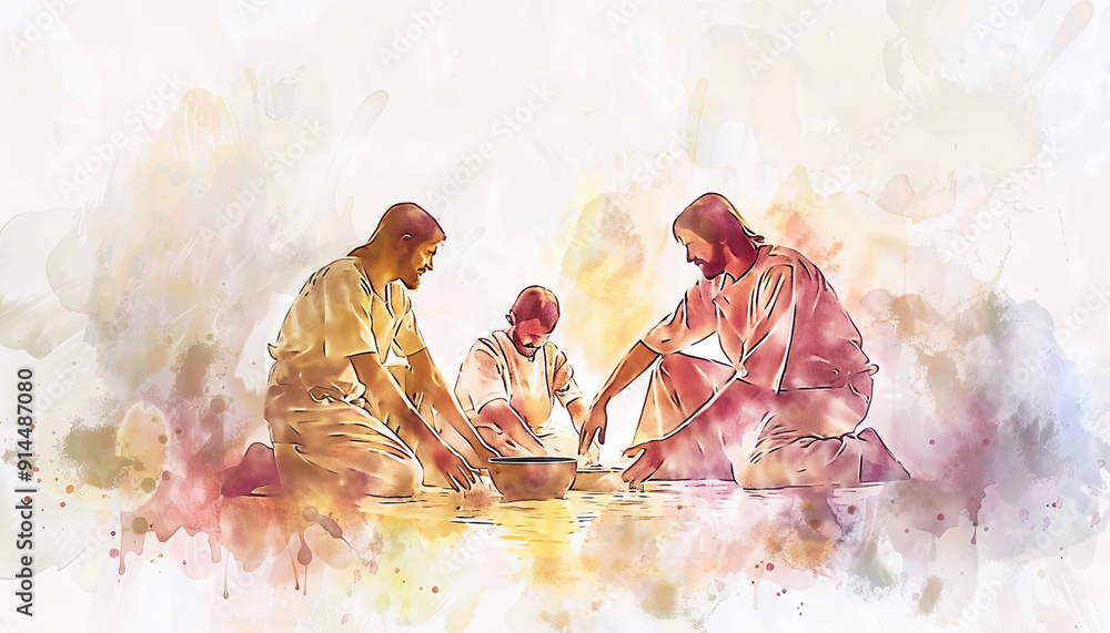 Jesus Christ washing disciples feet Easter story illustration faith ...