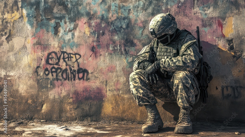 sad soldier and inscription PTSD on the wall, PTSD for post-traumatic ...