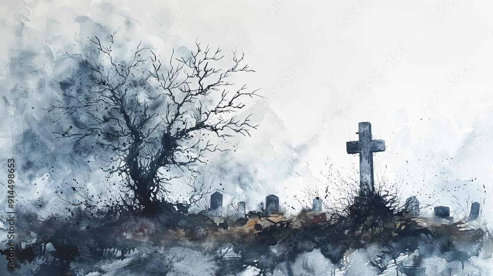 Dark watercolor painting of an old cemetery with tombstones and a cross ...