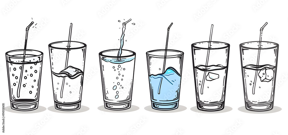 Water glass icon set. Full and empty water glass icons. Drink glass icon collection with straw ...