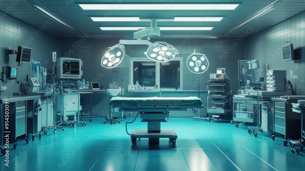 A sterile, empty surgical operating room with medical equipment and ...