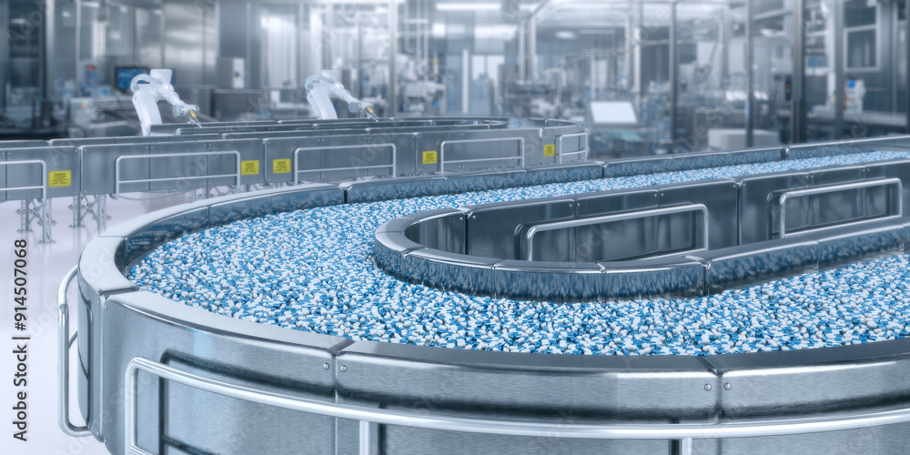 Drug manufacturing process. Medical pills, capsules conveyor line at a ...