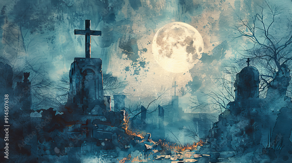 Gloomy graveyard scene with cross silhouette against full moon ...
