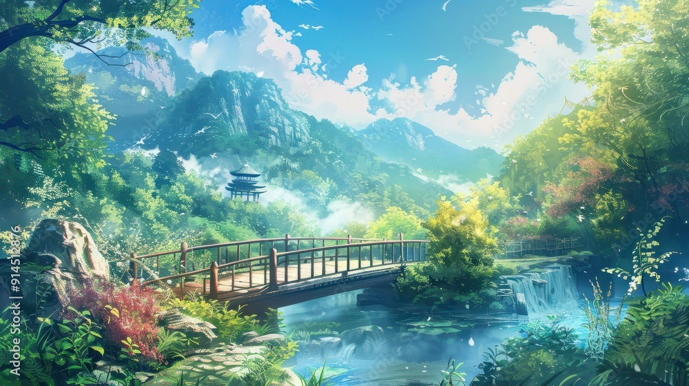 Beautiful fantasy summer natural scenery background animation with ...