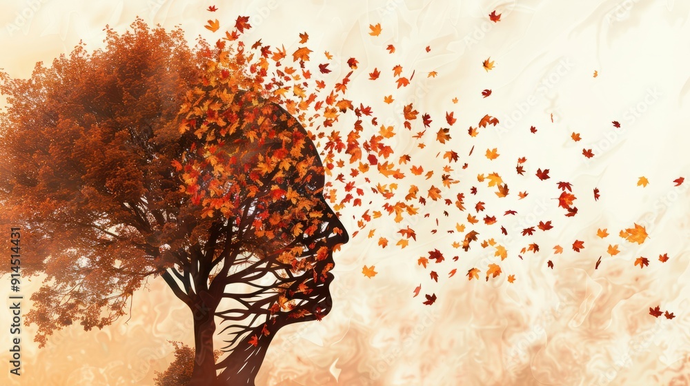 Dementia or Alzheimer's disease concept, head silhouette and autumn ...