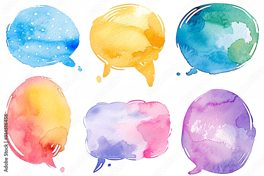 A set of colorful watercolor bubbles with different shapes and sizes ...