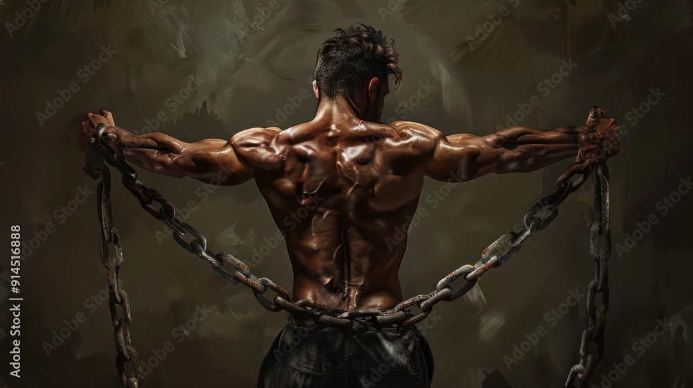 Hombre musculado y valiente rompe cadenas con fuerza y determinaciÃ³n ...