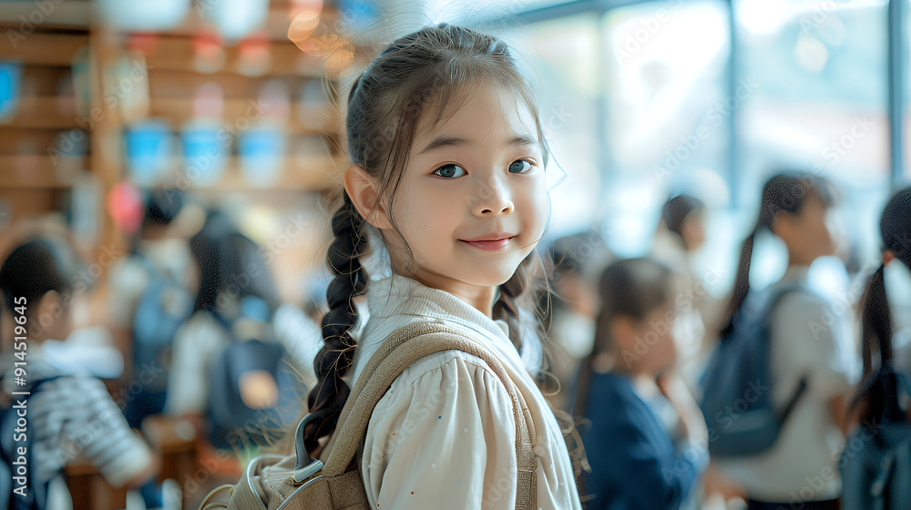 Beautiful smiling asian schoolgirl in school uniform with a school bag ...