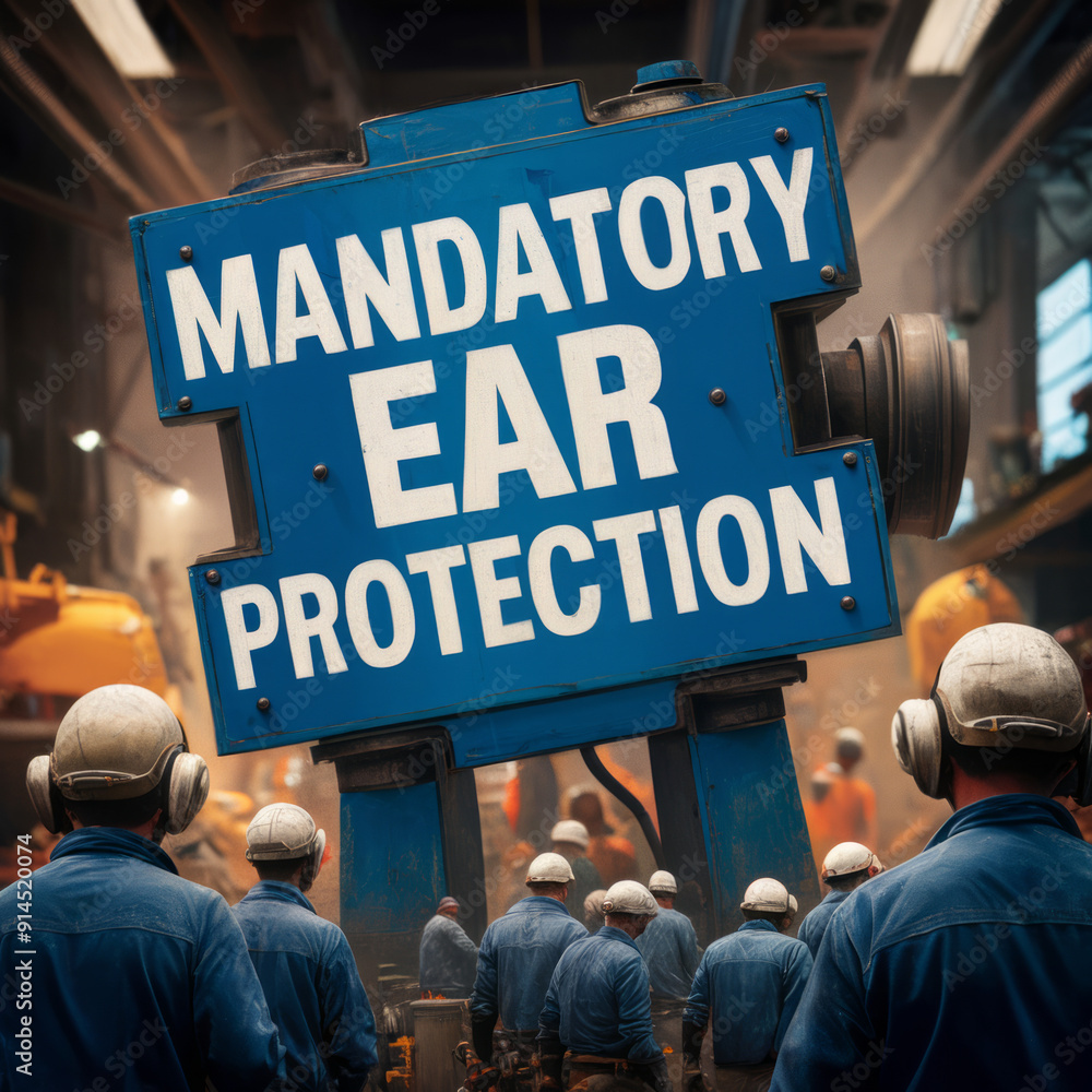 Large blue industrial sign indicating mandatory ear protection in a ...