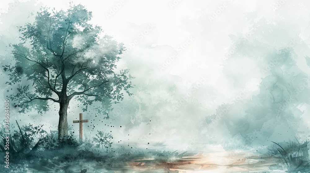 Watercolor painting of a lonely tree and cross in a foggy landscape ...