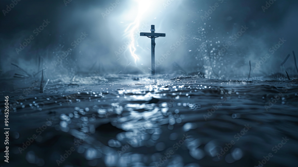 Crucifixion scene with dramatic lighting flooded land faith suffering ...