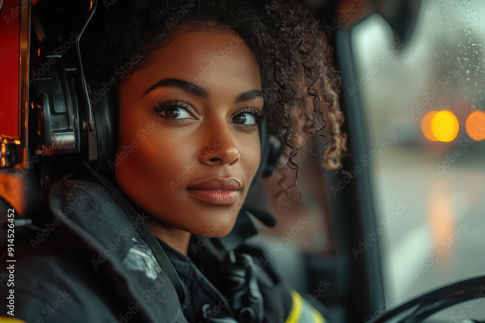 female firefighter in action intense side view of a black woman driving ...