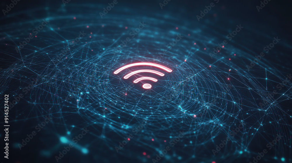 A digitally rendered glowing red Wi-Fi symbol amidst a network of ...