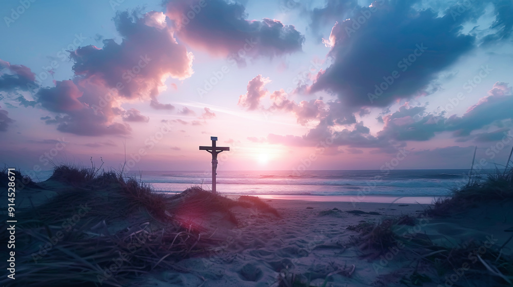 Wooden cross on beach with sunset clouds ocean faith hope religion ...