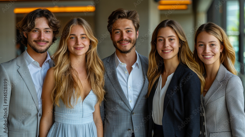 Professional business team smiling in modern office environment ...