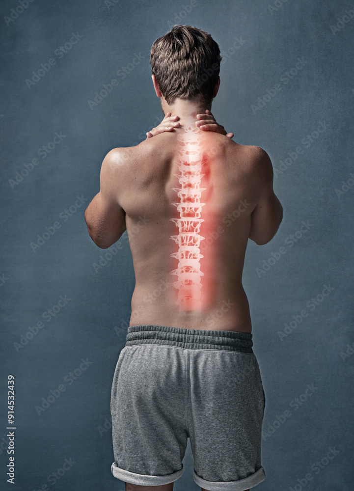 Man, back and neck pain with xray of spine, red glow or inflammation on ...
