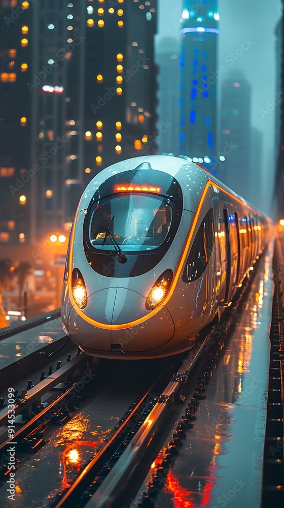 Sleek modern maglev train speeding through a futuristic urban ...
