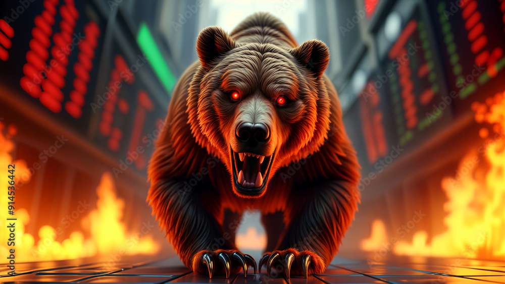 Bear market stock crash, ferocious grizzly with evil red eyes making sure there are prolonged ...